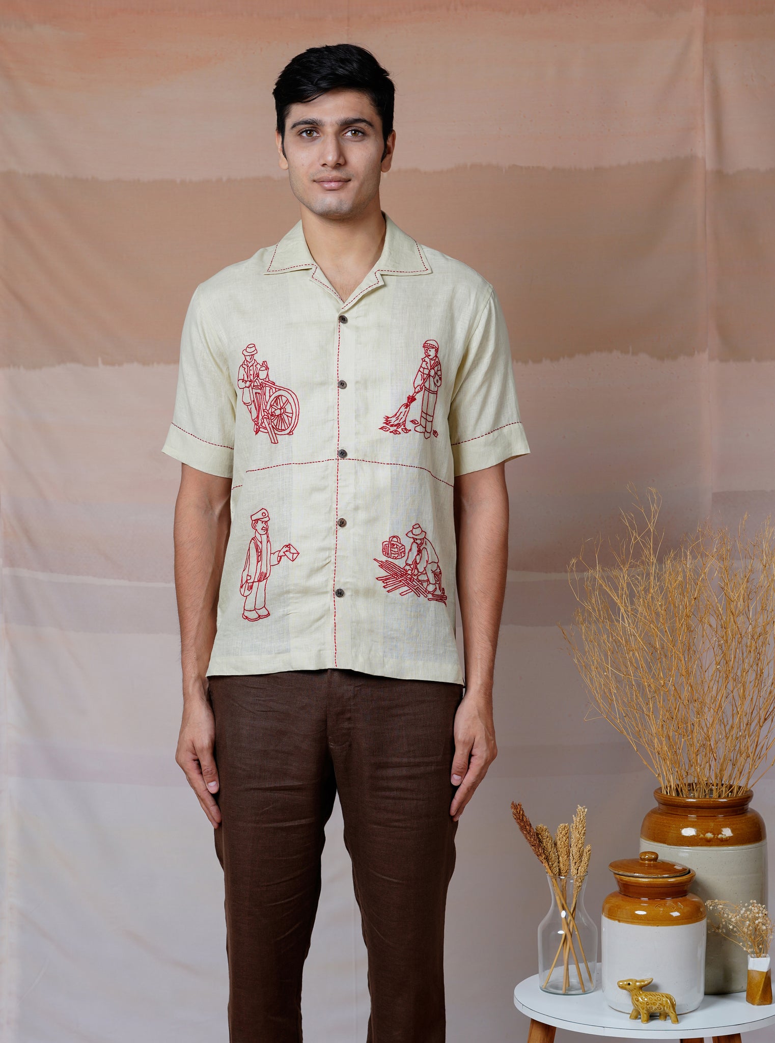 HANDS AT WORK - HAND EMBROIDERED UNISEX LINEN SHIRT – Houseofcultura