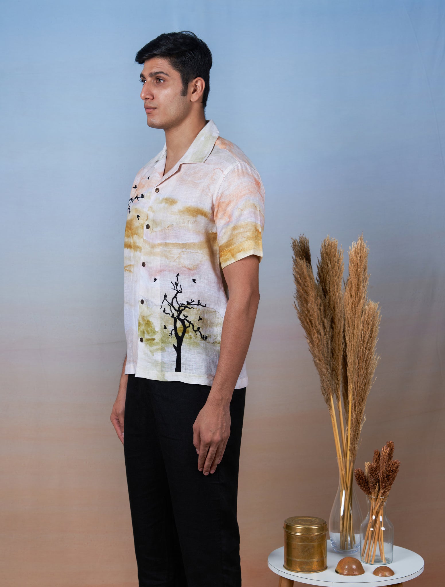WHISPERING BRANCHES - HAND EMBROIDERED UNISEX PRINTED LINEN SHIRT ...