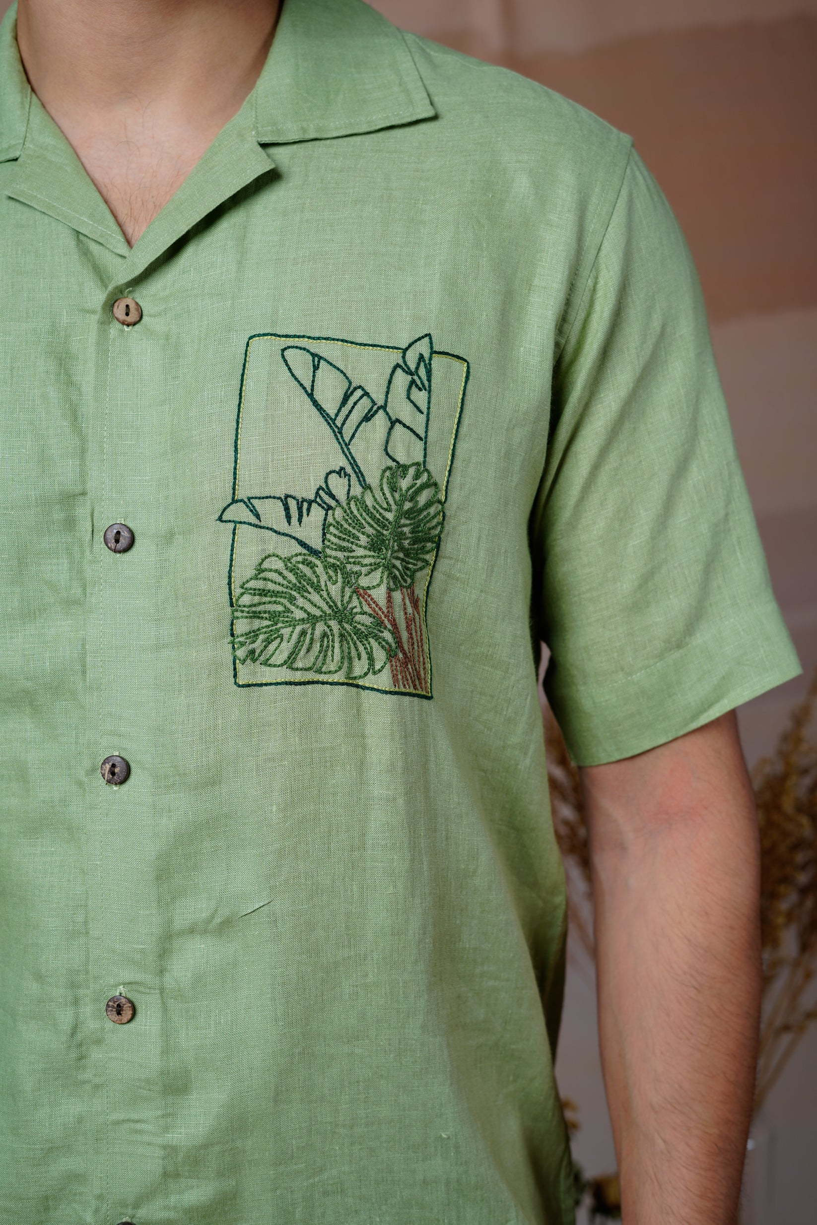 TROPICAL LEAF - HAND EMBROIDERED UNISEX LINEN SHIRT – Houseofcultura