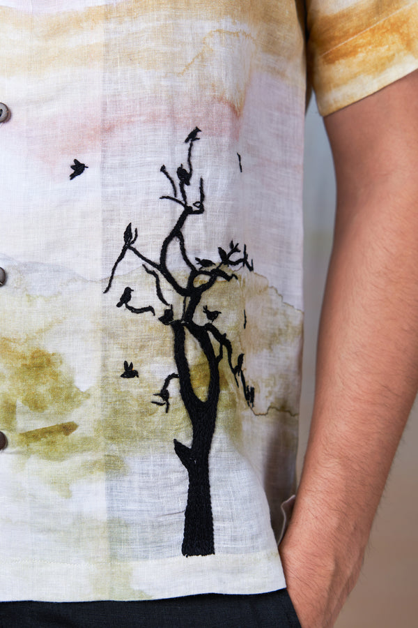 WHISPERING BRANCHES - HAND EMBROIDERED UNISEX PRINTED LINEN SHIRT ...