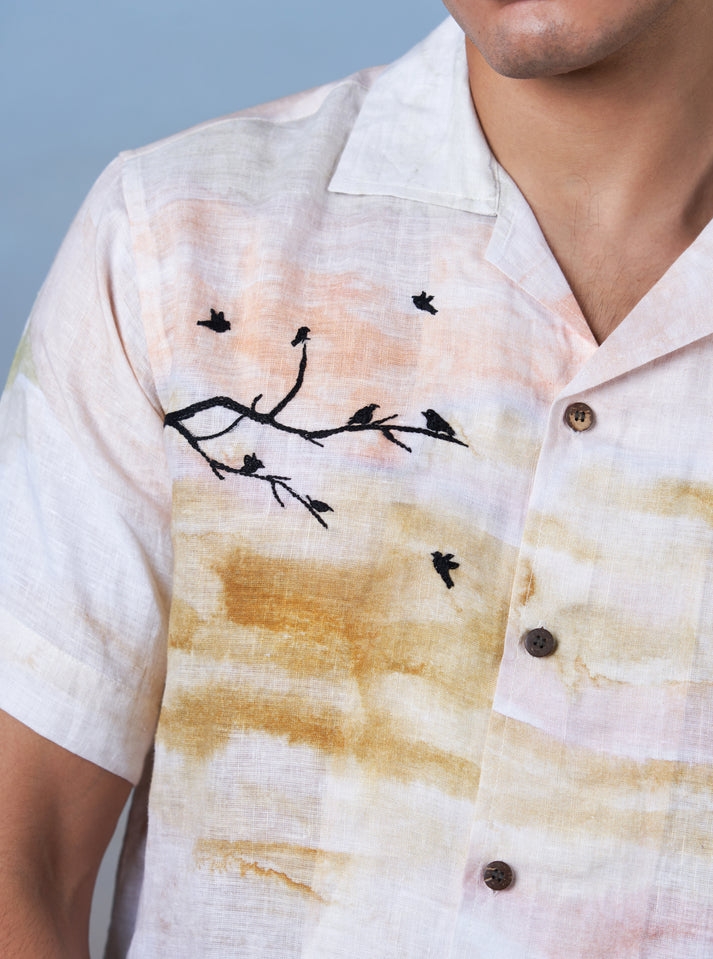 WHISPERING BRANCHES - HAND EMBROIDERED UNISEX PRINTED LINEN SHIRT ...